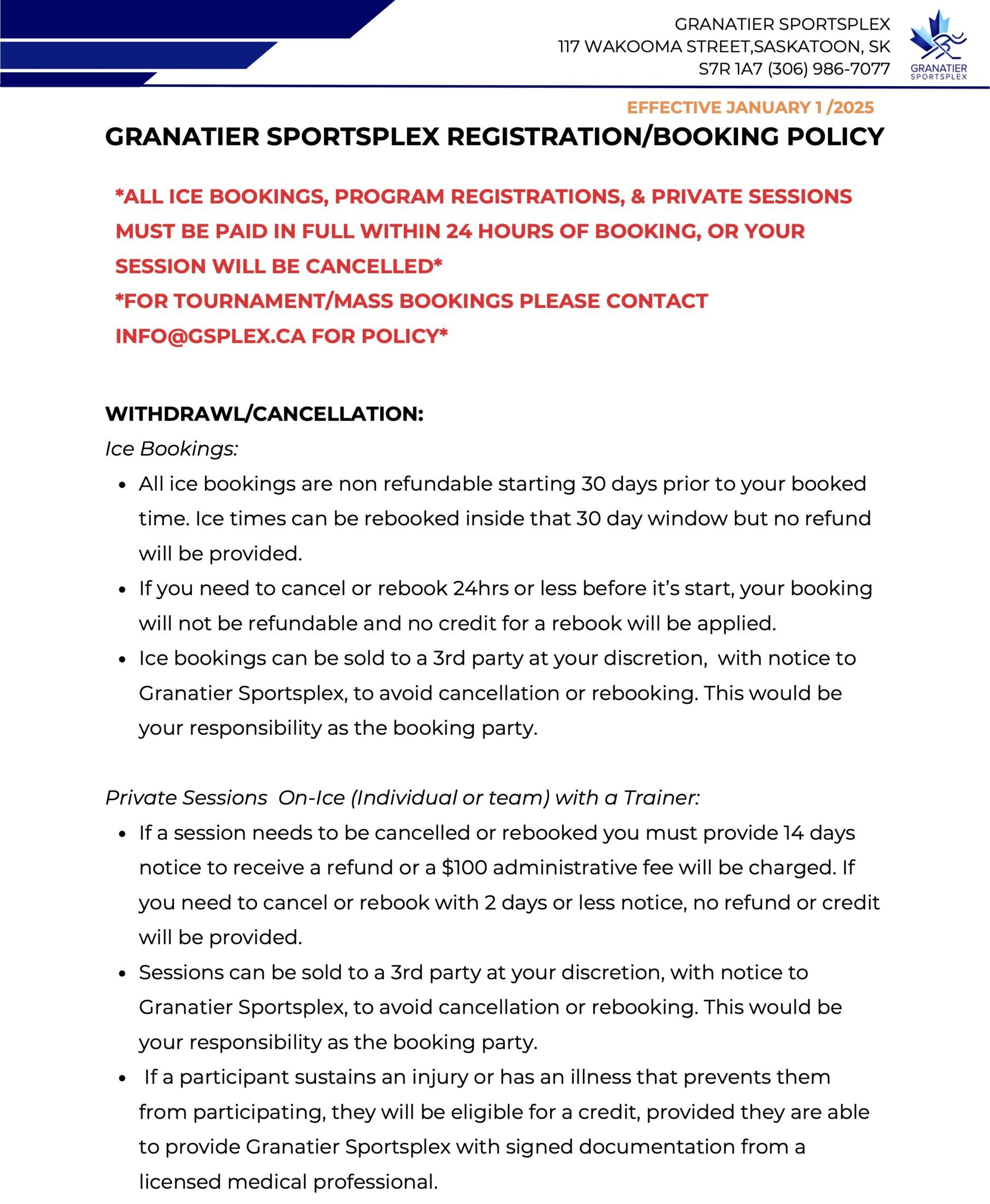 Registration Policy » Granatier Sportsplex